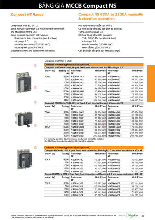 Bảng giá MCCB Compact NS 2020 - Hoàng Vina